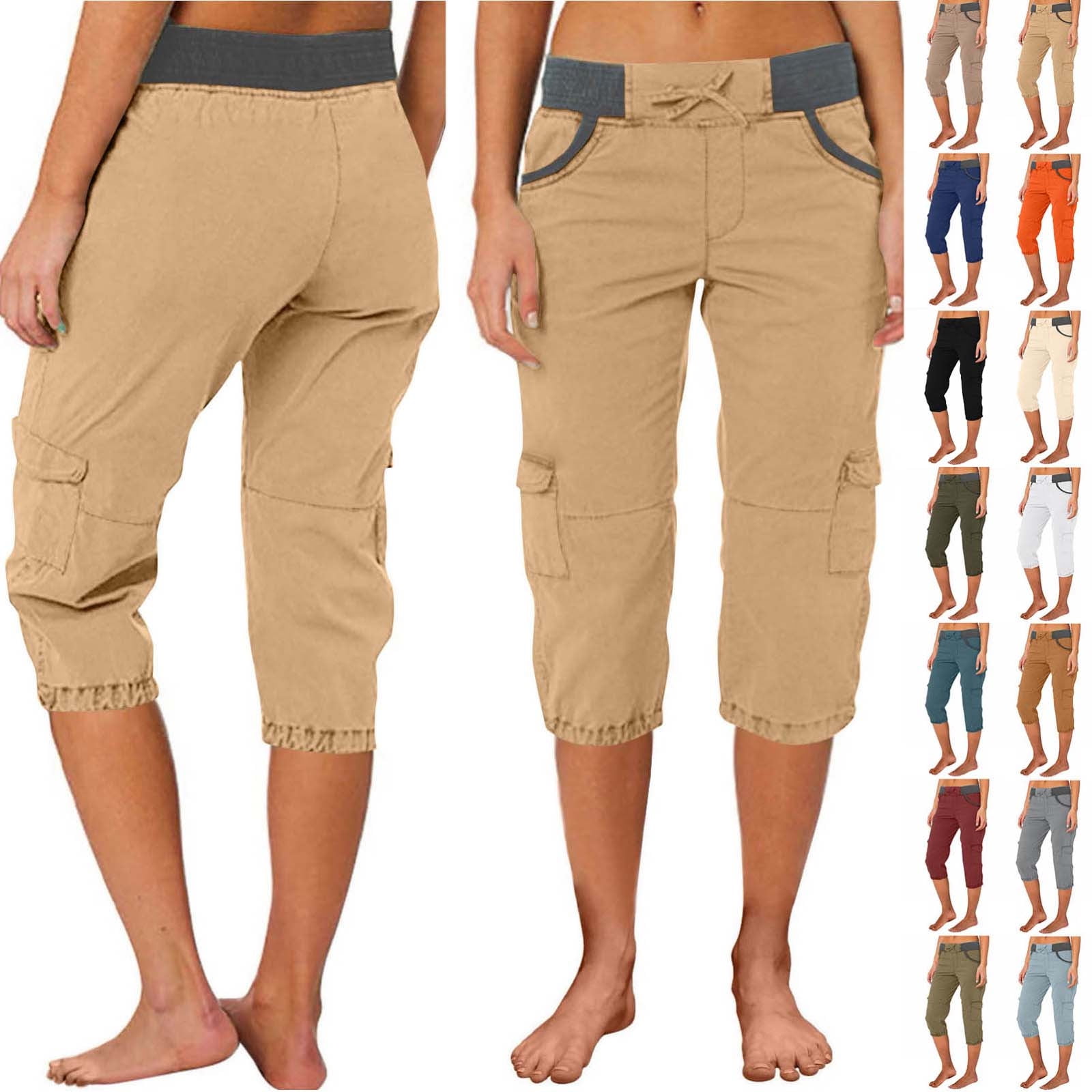 AHTJRT Cargo Pants for Women Drawstrings Elastic High Waist Capri Pants ...