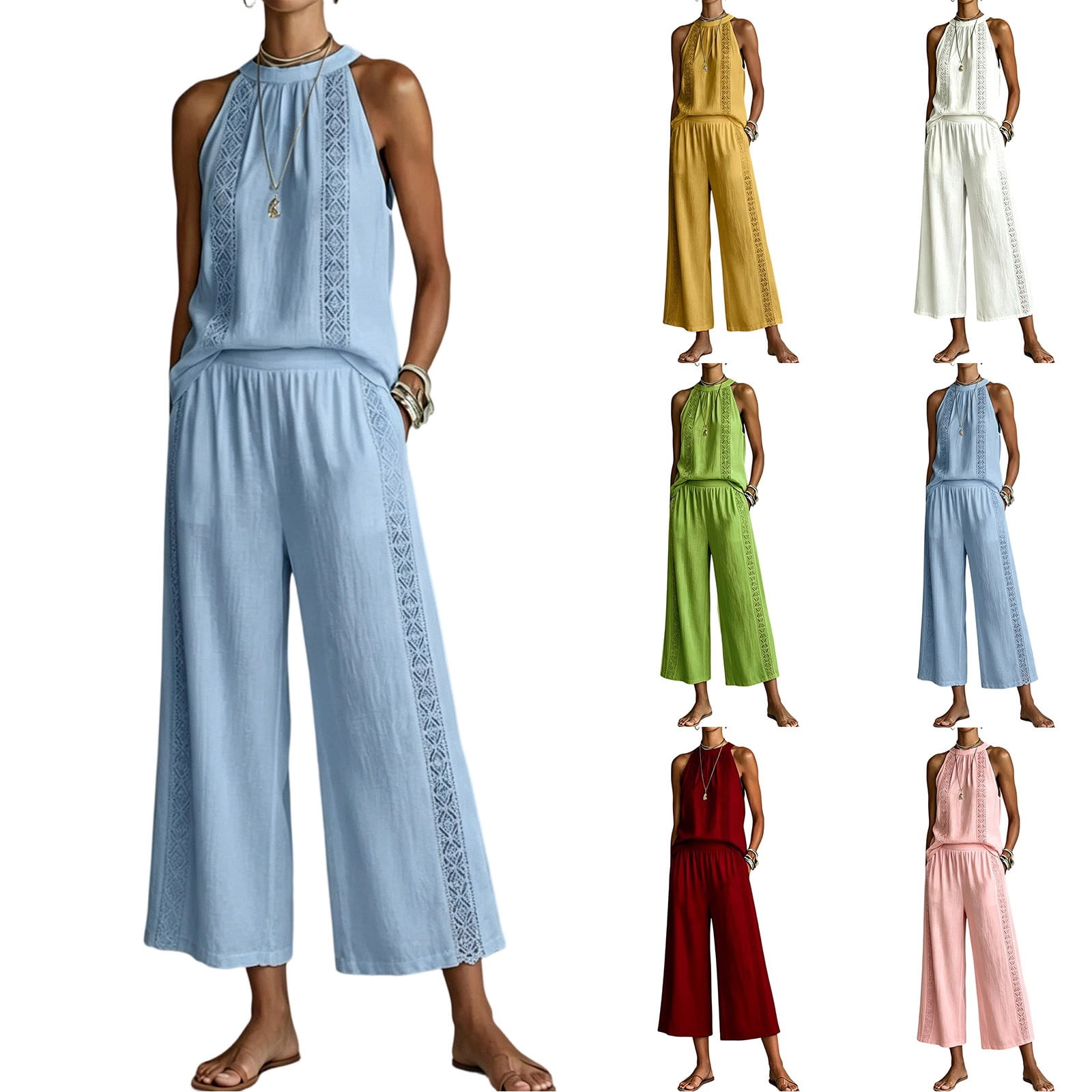 AHTJRT Casual 2 Pieces Summer Sets for Women Halter Neck Sleeveless ...