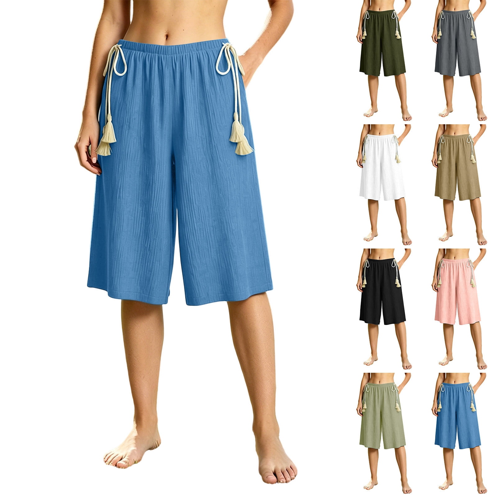 AHTJRT Casual Capri Pants for Women High Elastic Waist Tie Side Slack ...