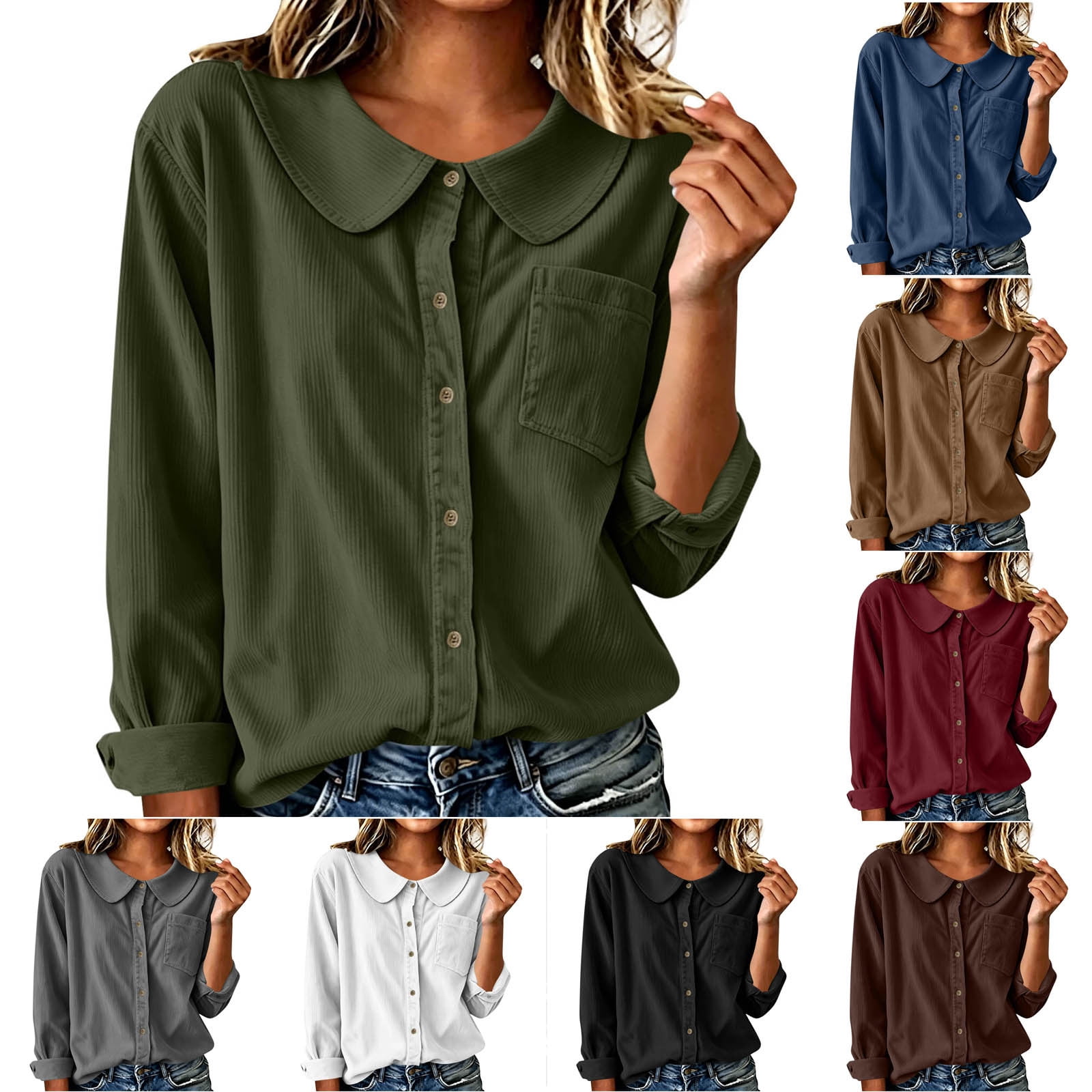AHTJRT Corduroy Shirt for Women Long Sleeve Button Down Peter Pan ...