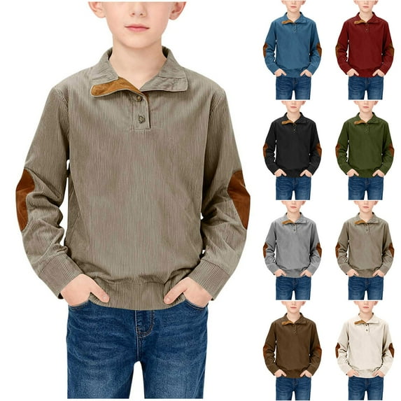 AHTJRT Corduroy Sweatshirt for Kids Lapel Quarter Button Long Sleeve ...