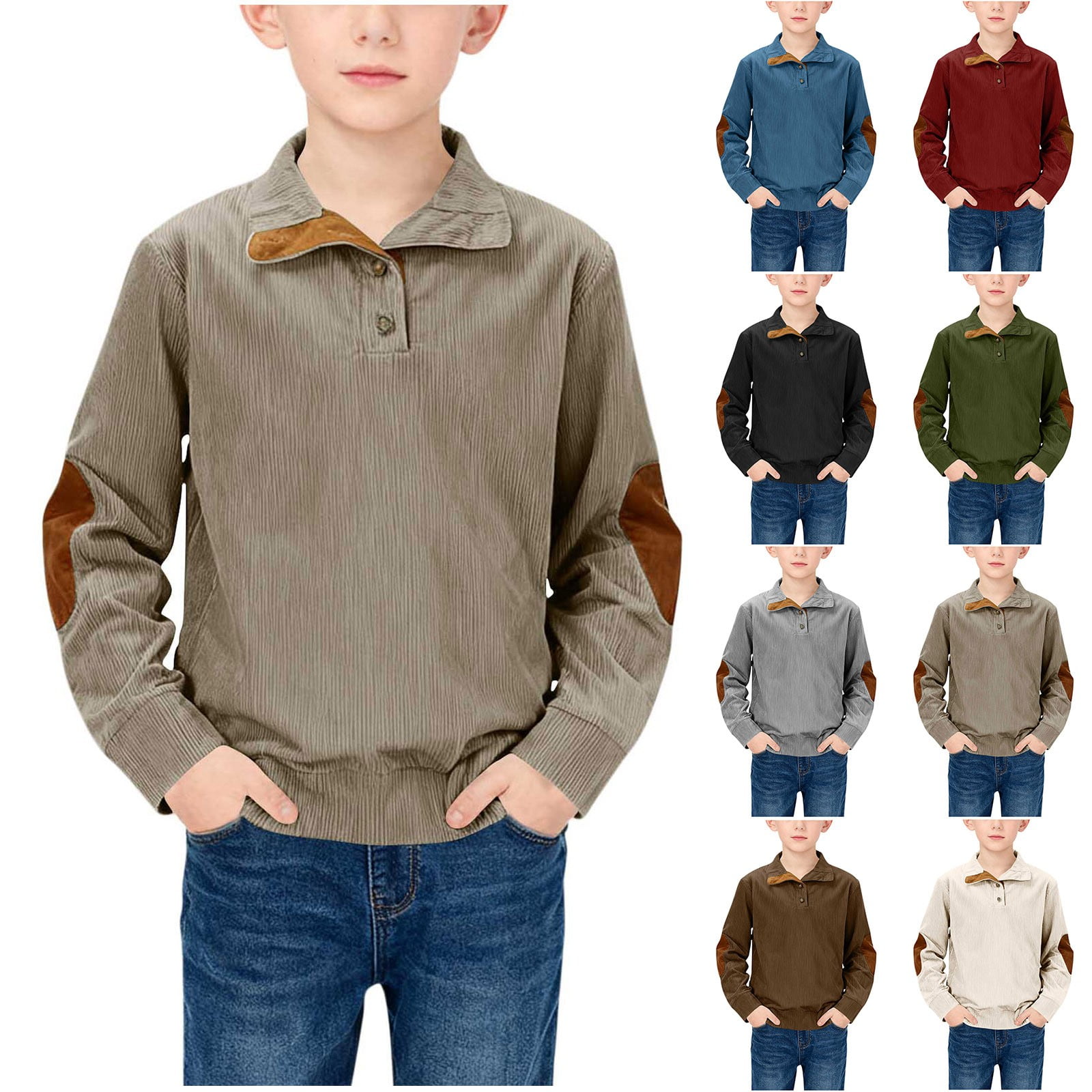 AHTJRT Corduroy Sweatshirt for Kids Lapel Quarter Button Long Sleeve ...