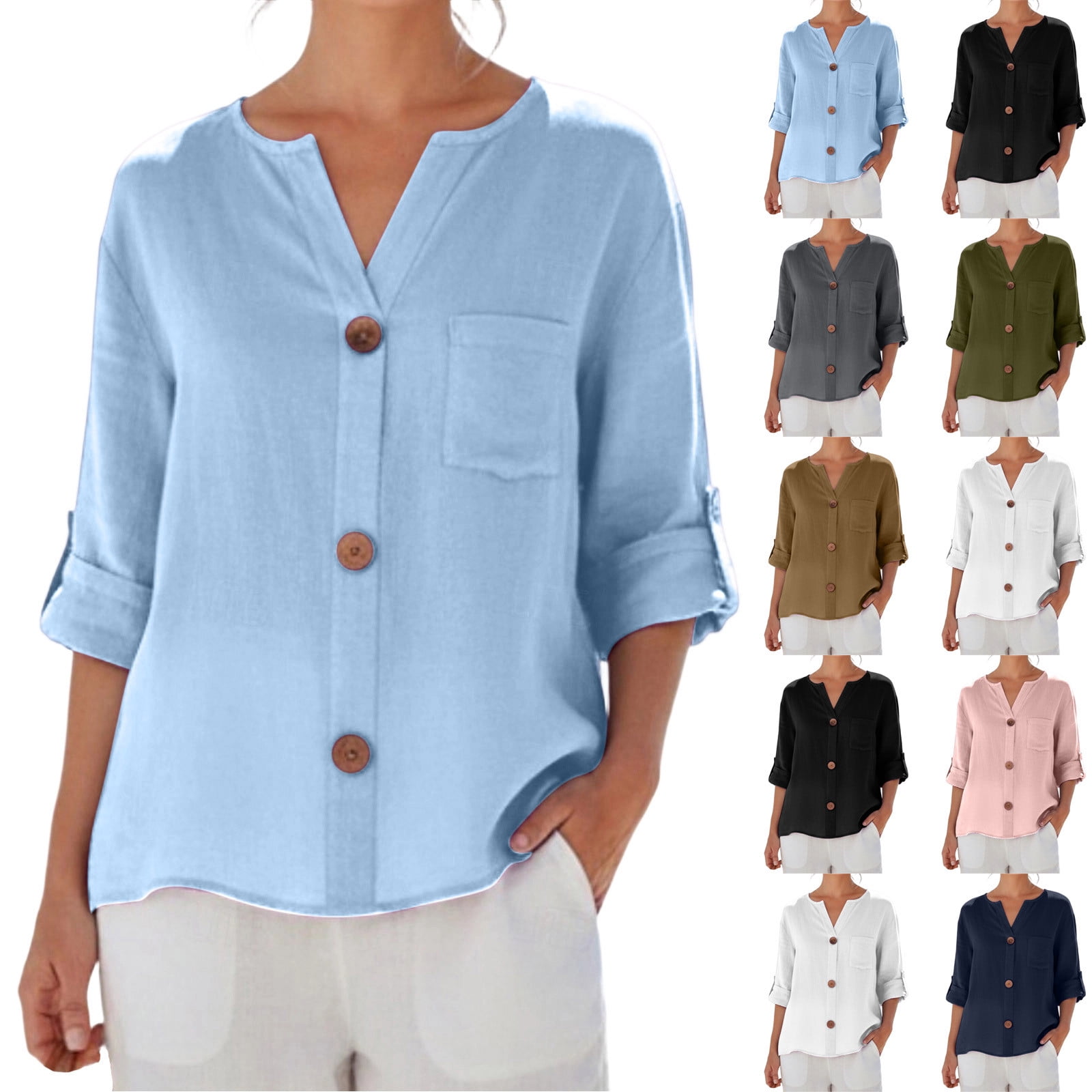 AHTJRT Cotton 3/4 Sleeve Shirt for Women Button Down V Neck Casual ...