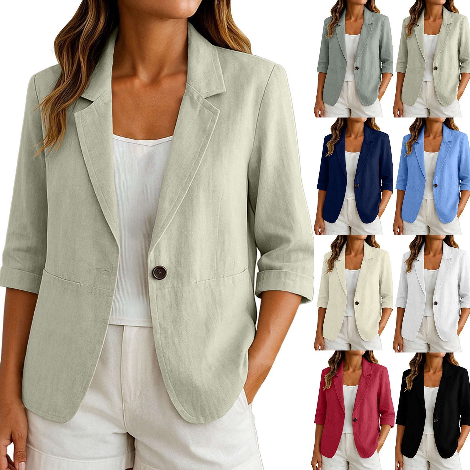 AHTJRT Cotton Linen Blazer for Women Notched Lapel One Button 3/4 ...