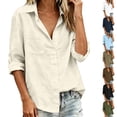 AHTJRT Cotton Linen Button Down Shirts for Women Lapel Collar Long ...