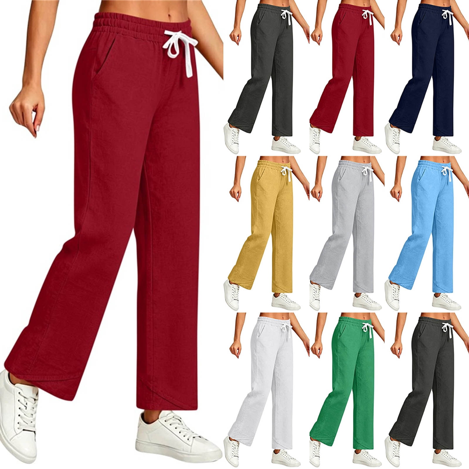 AHTJRT Cotton Linen Pants for Women Elastic High Waist Drawstrings Wide ...