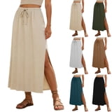 AHTJRT Cotton Linen Straight Maxi Skirts for Women Side Slit Elastic ...
