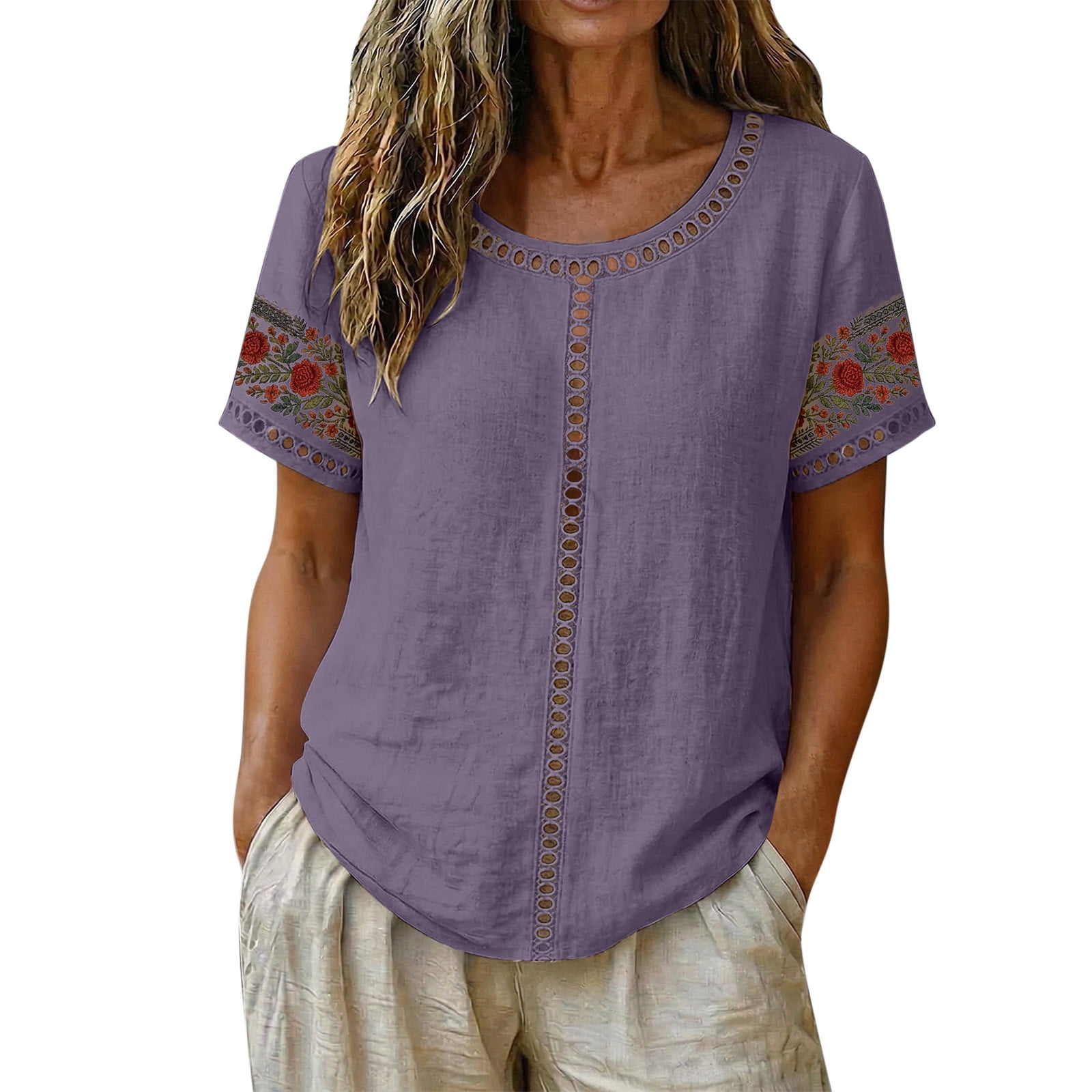 AHTJRT Cotton Linen Tops for Women 3/4 Sleeve Fashion Bohemian Floral ...