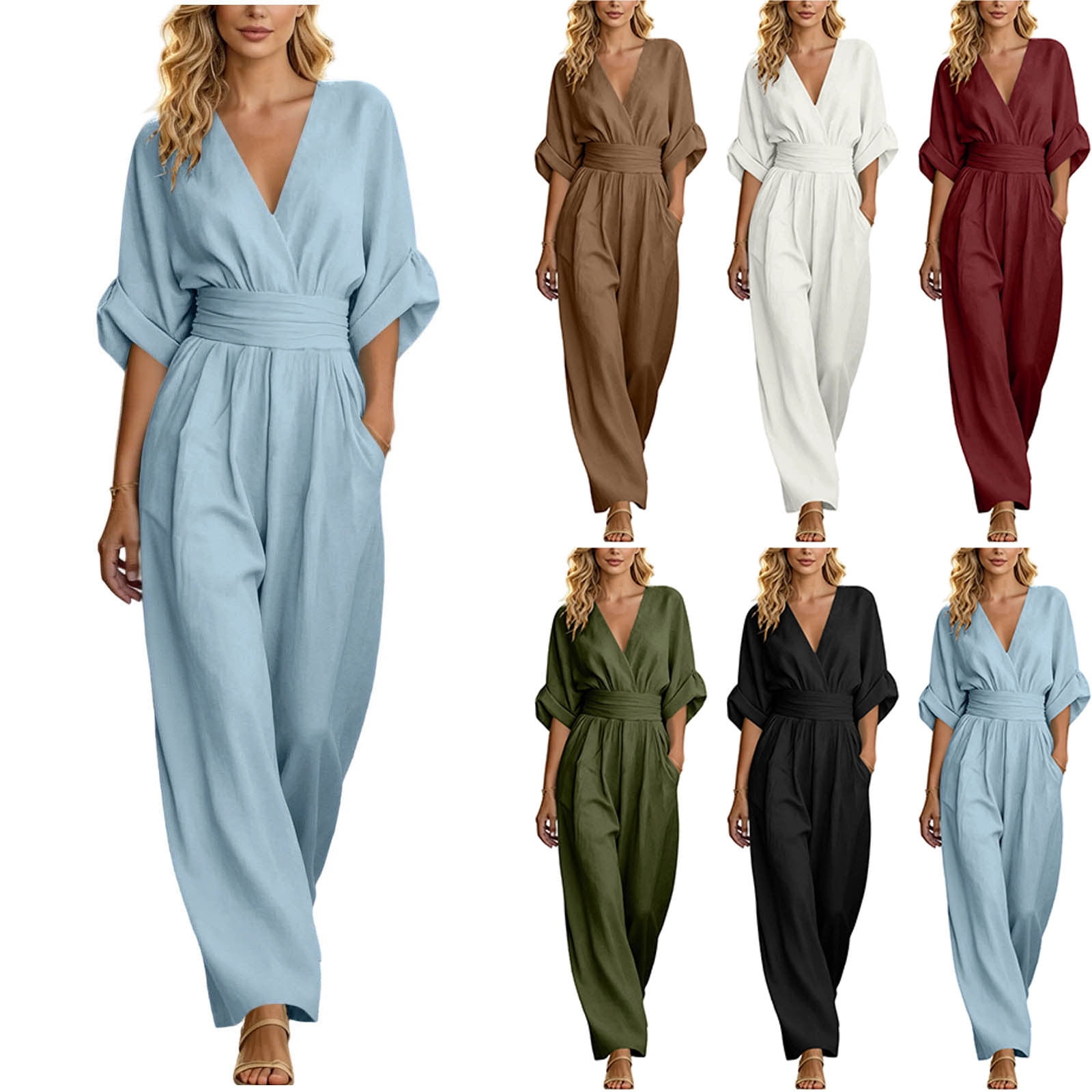 AHTJRT Cotton Linen Wide Leg Jumpsuit for Women V-Neck Half Sleeve ...