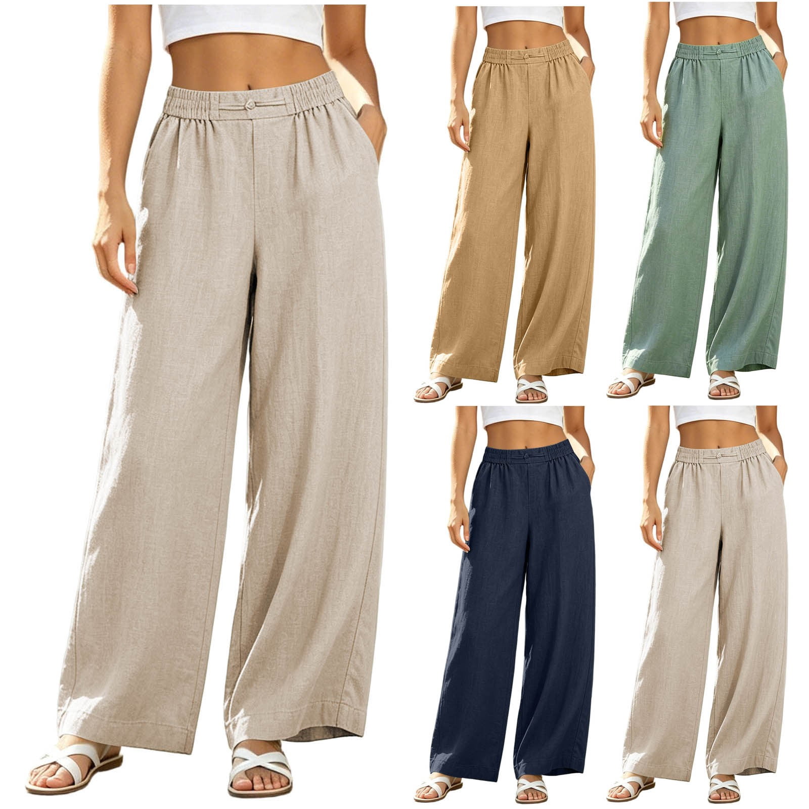AHTJRT Cotton Pants for Women High Elastic Waist Wide Leg Trousers with ...
