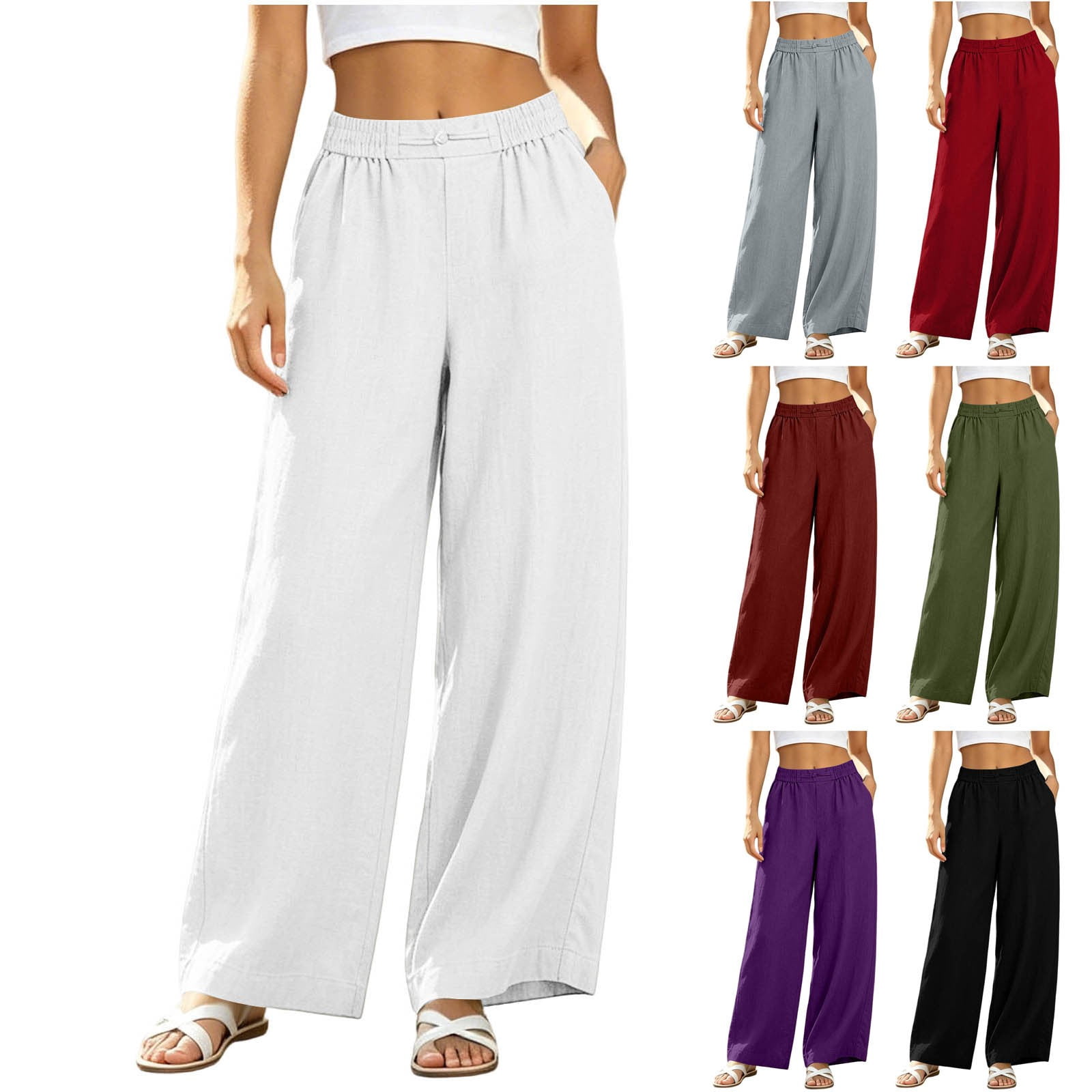 AHTJRT Cotton Pants for Women High Elastic Waist Wide Leg Trousers with ...