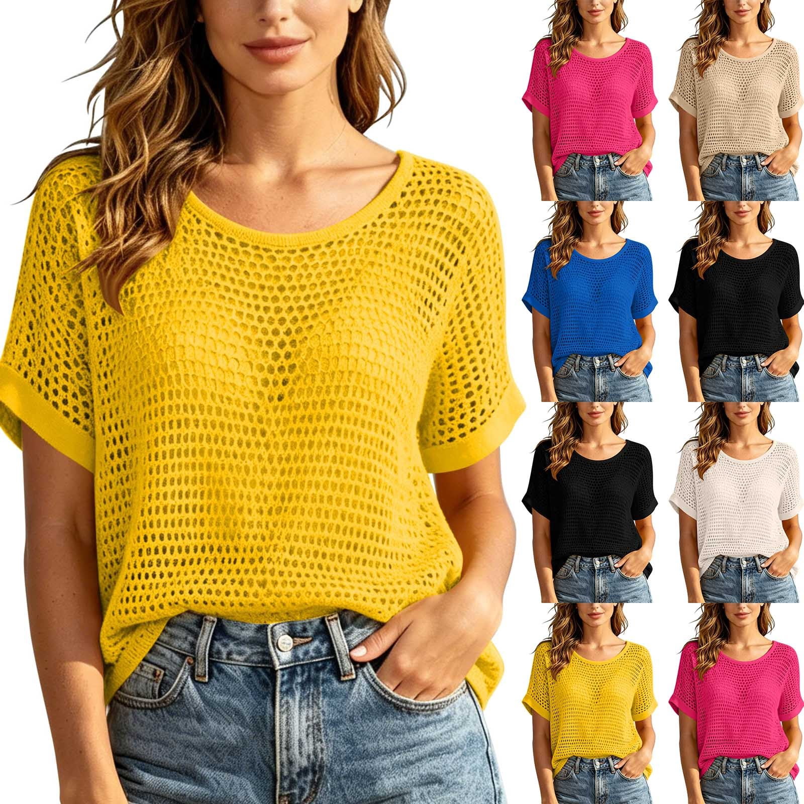 AHTJRT Crochet Tops for Women Crew Neck Short Sleeve Tee Tops Fashion ...