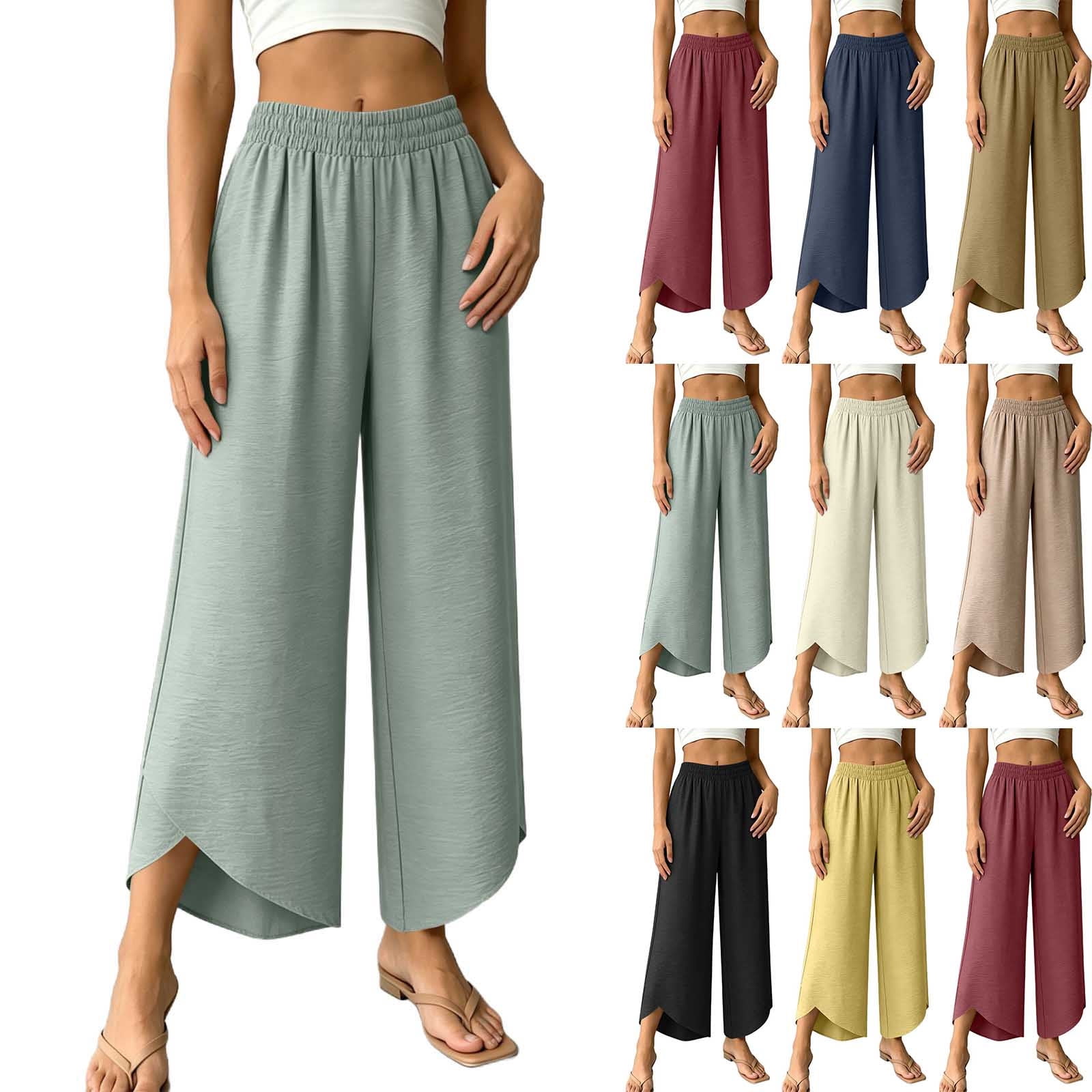 AHTJRT Elastic Wais Pants for Women Loose Wide Leg Curved Hem Casual ...