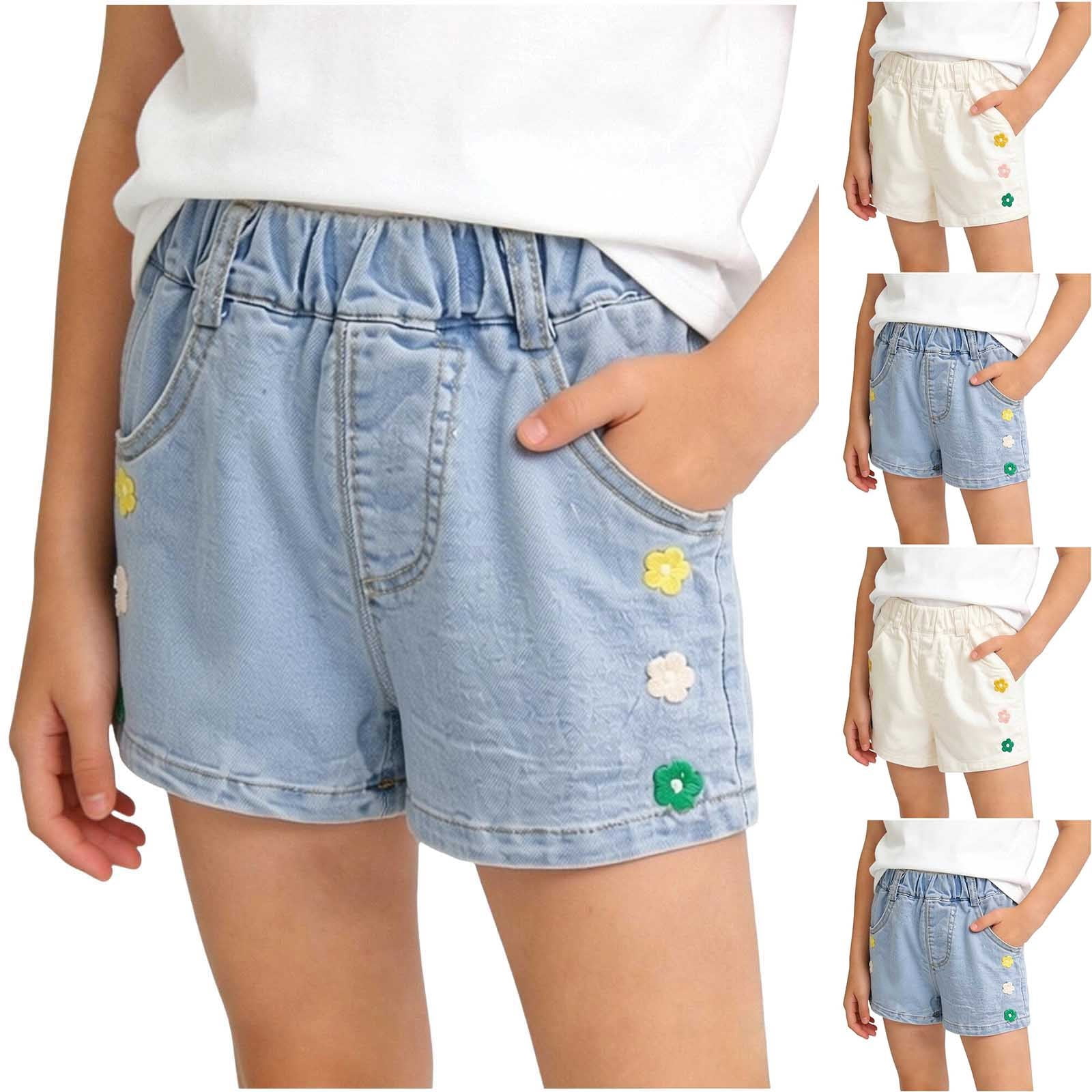 AHTJRT Elastic Waist Denim Shorts for Girls Cute Flower Printed Summer ...