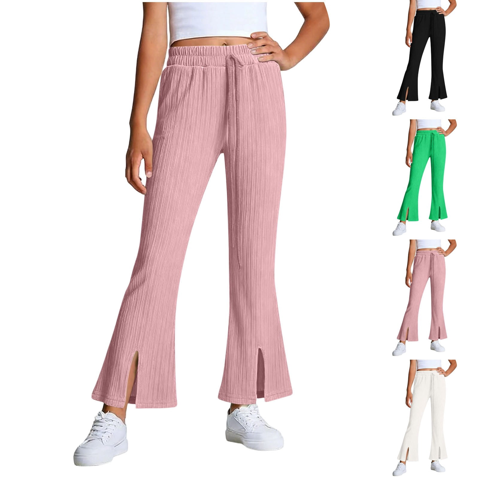 AHTJRT Flare Pants for Girls Ribbed Knit Elastic Waist Drawstring Track ...