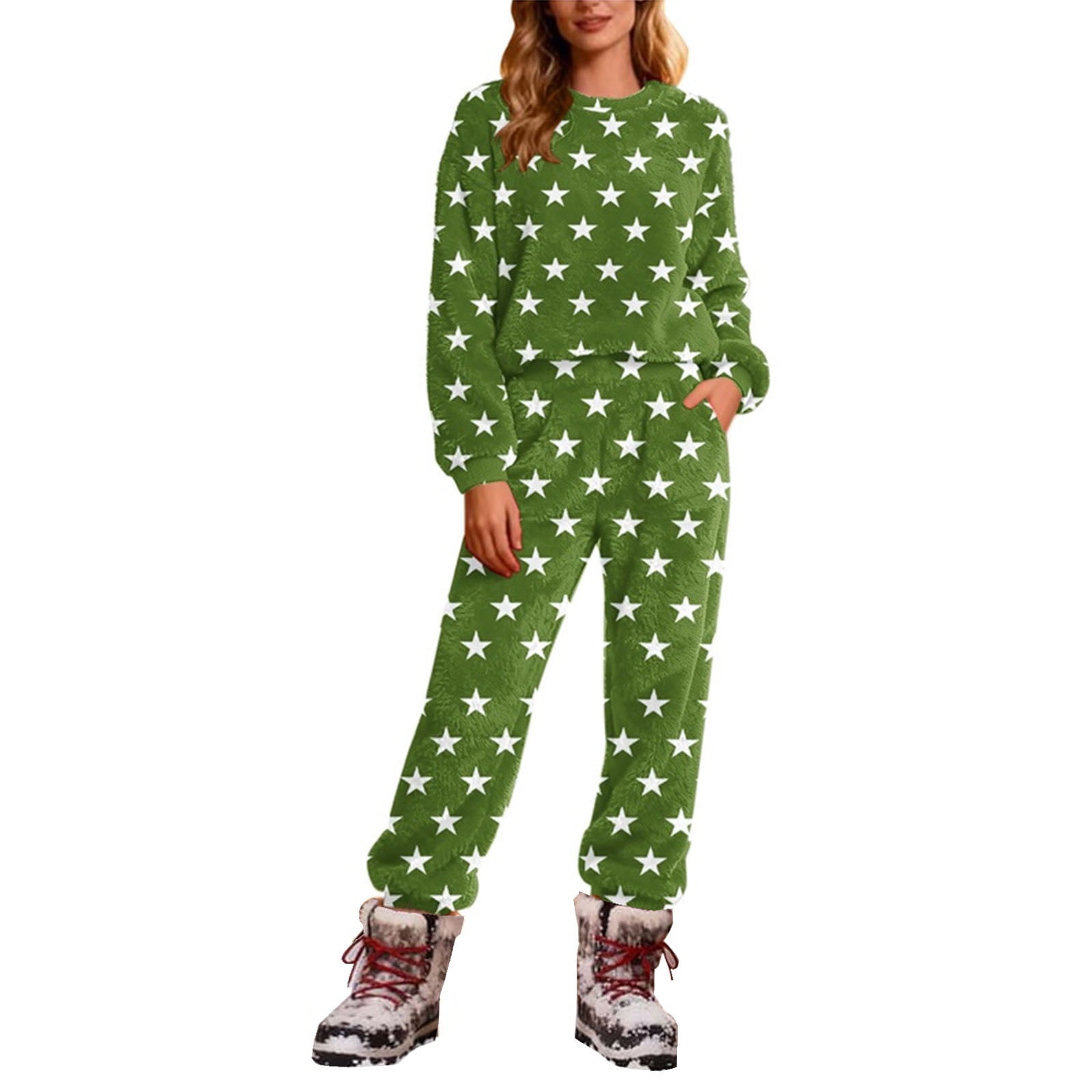 AHTJRT Fluffy Pajamas for Women Star Patterns Printed Sets Thermal 2 ...