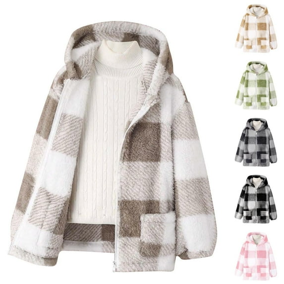 AHTJRT Full Zip Jacket for Kids Girls Boys Plaid Thermal Fuzzy Double ...
