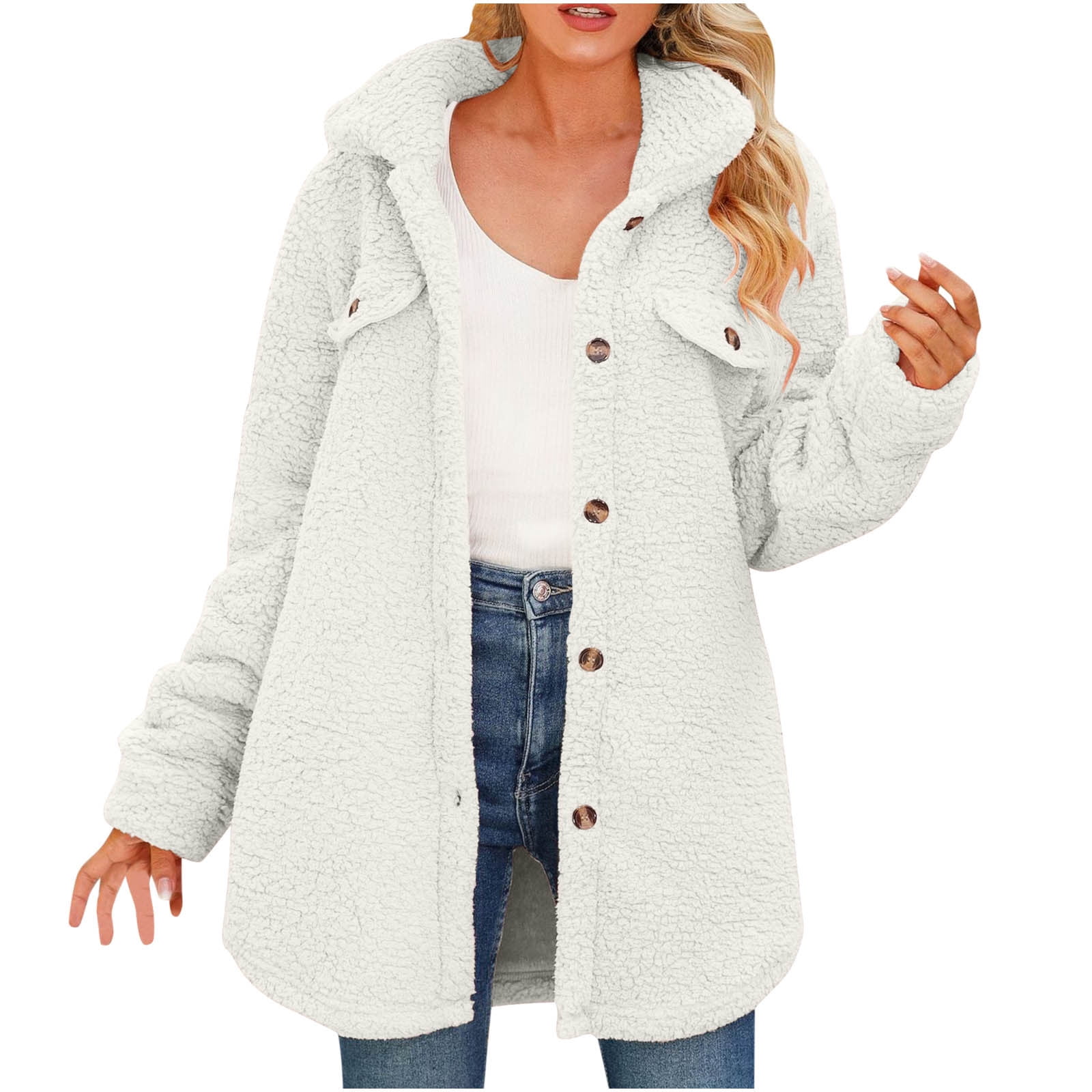 AHTJRT Fuzzy Fleece Jacket Casual Button Down Sherpa Overcoat Faux ...