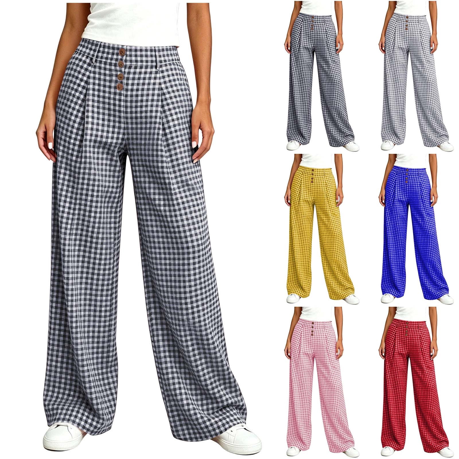 AHTJRT Gingham Pants for Women High Waist Front Button down Fashion ...