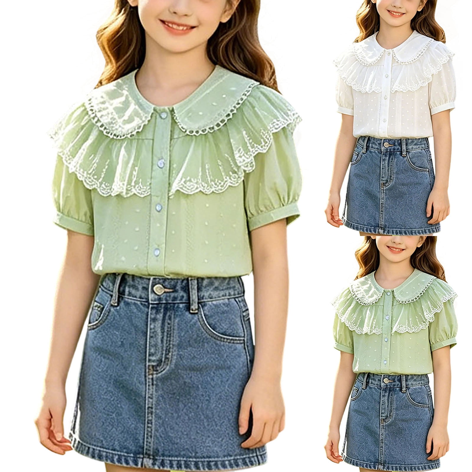 AHTJRT Girl Puff Short Sleeve Blouse Cute Flowy Peter Pan Collar Button ...