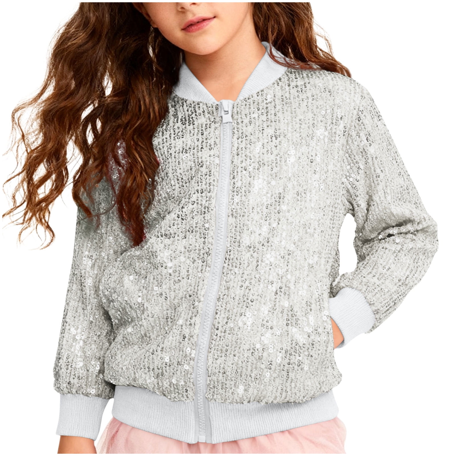 AHTJRT Girl's Sequin Bomber Jacket Full Zip Shiny Sparkle Jackets with ...