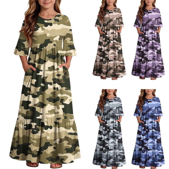 AHTJRT Girls Camo Dress Crew Neck 3/4 Sleeve Maxi Dresses Summer Ruffle ...