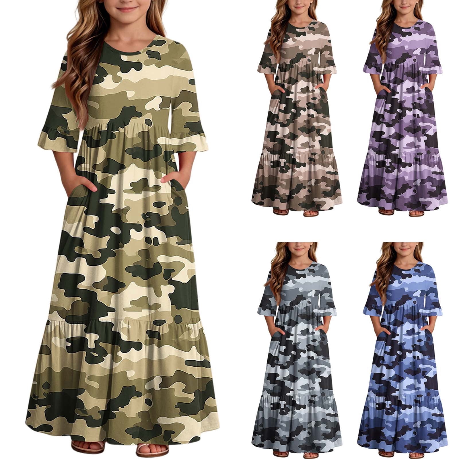 AHTJRT Girls Camo Dress Crew Neck 3/4 Sleeve Maxi Dresses Summer Ruffle ...