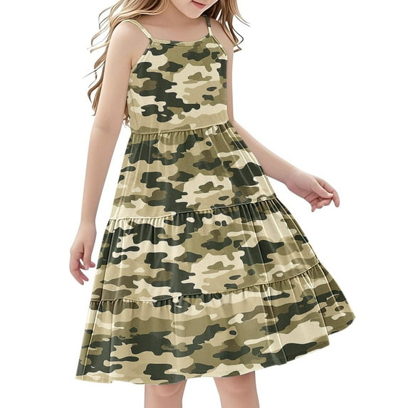 AHTJRT Girls Casual Dress Fashion Camo Print Spaghetti Straps Sundress ...