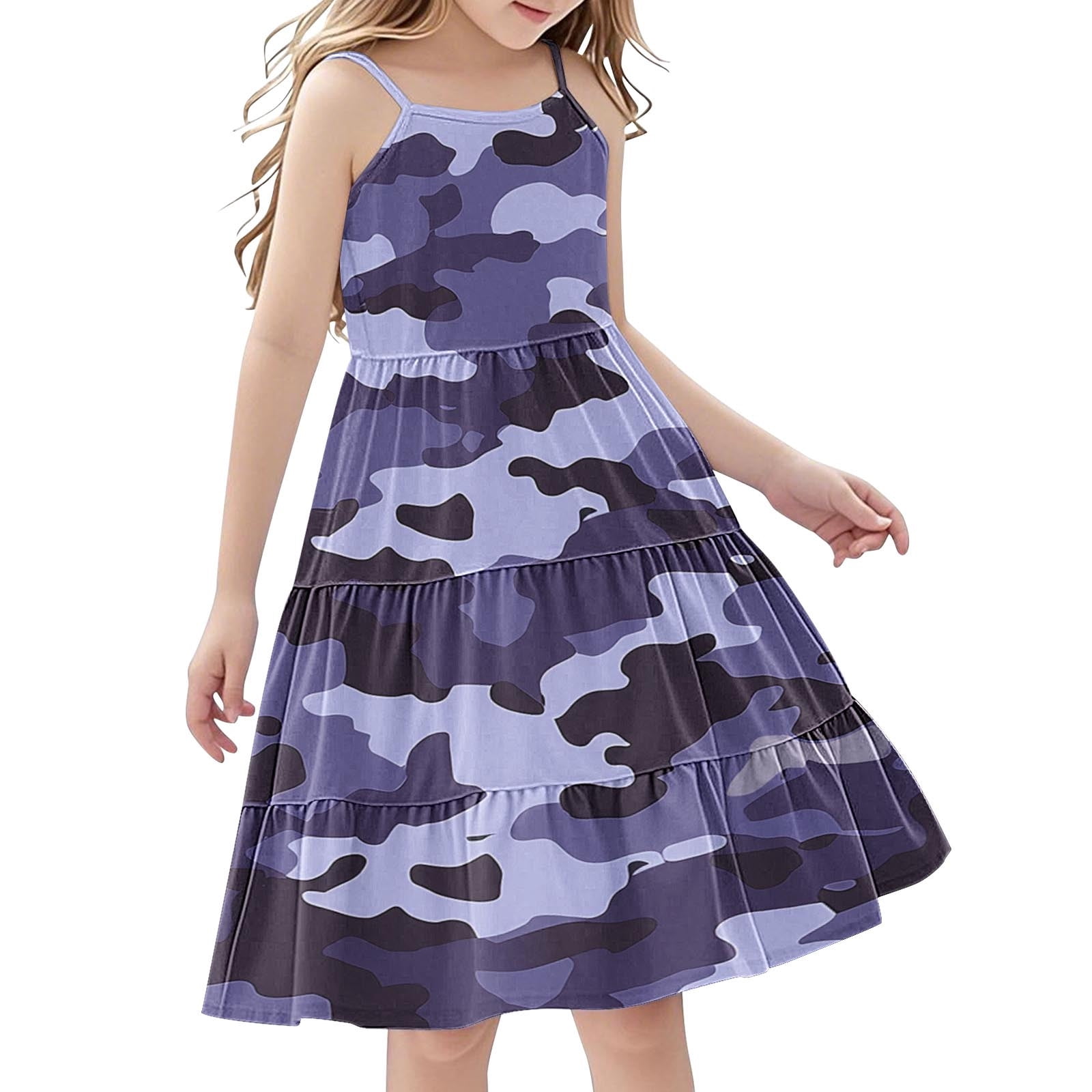 AHTJRT Girls Casual Dress Fashion Camo Print Spaghetti Straps Sundress ...