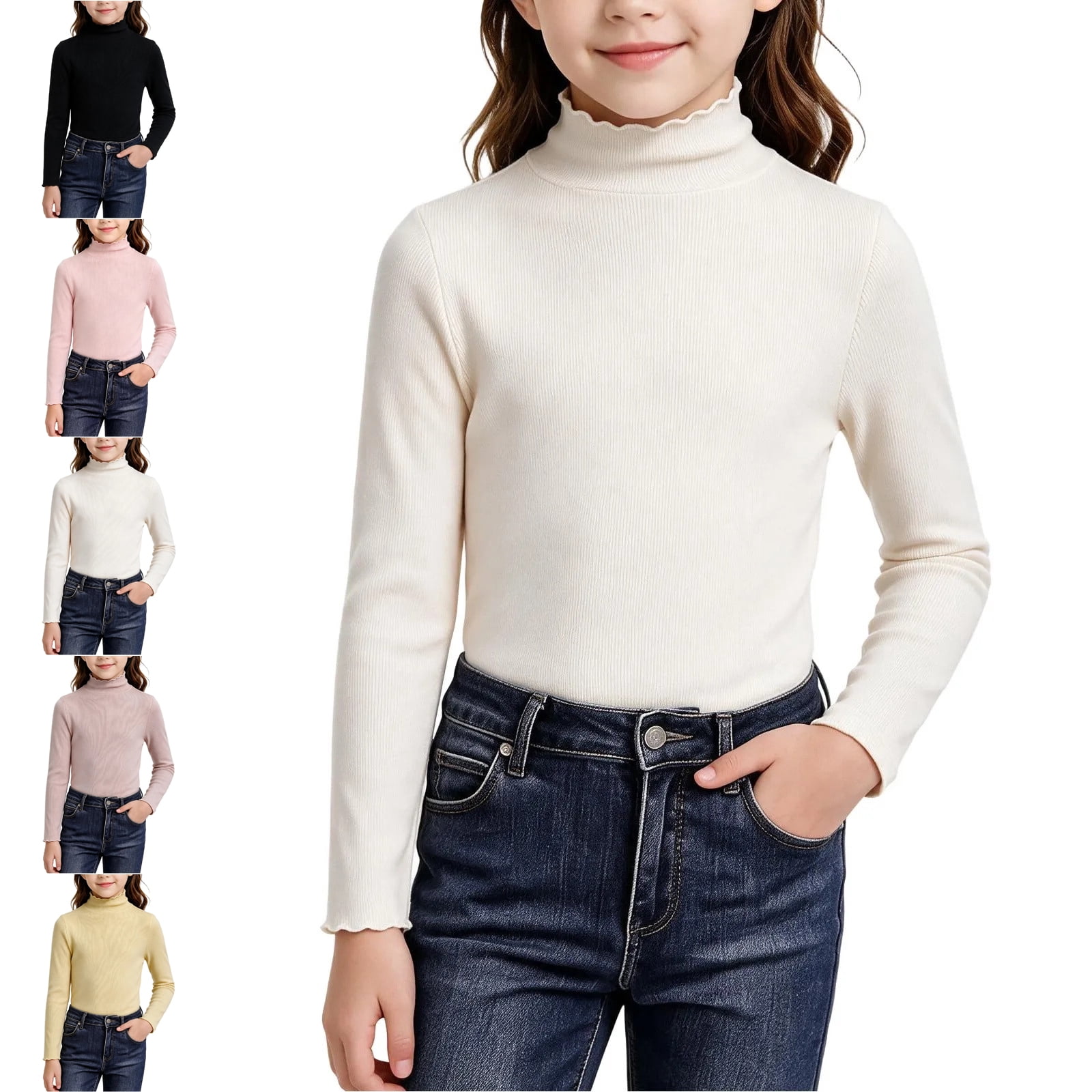 AHTJRT Girls Lettuce Trim Mock Neck Long Sleeve Shirts Ribbed Layer ...
