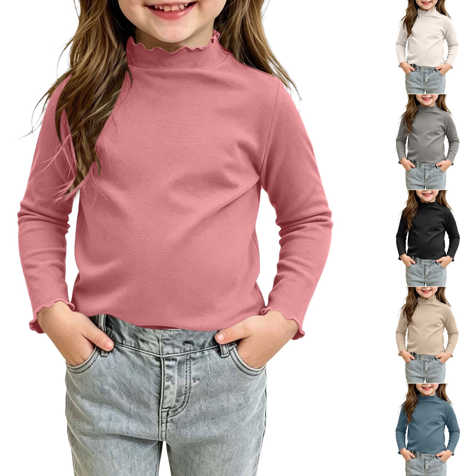 AHTJRT Girls Long Sleeve T-Shirt Mock Neck Ruffle Trim Slim Fit Fall ...