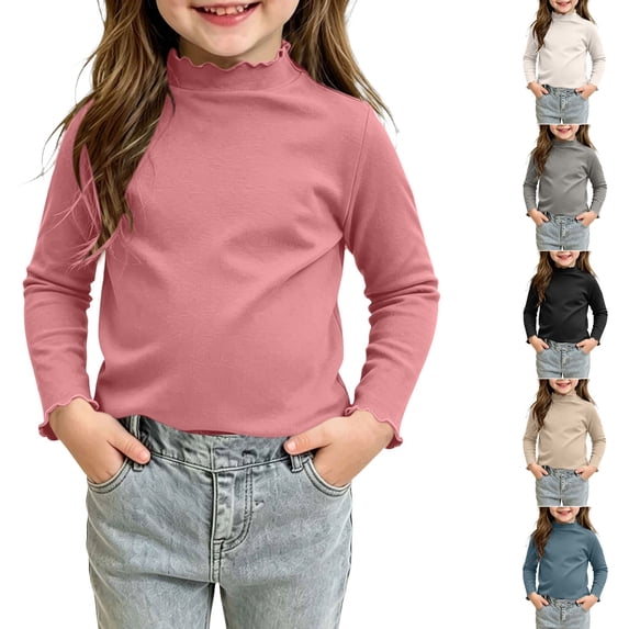 AHTJRT Girls Long Sleeve T-Shirt Mock Neck Ruffle Trim Slim Fit Fall ...