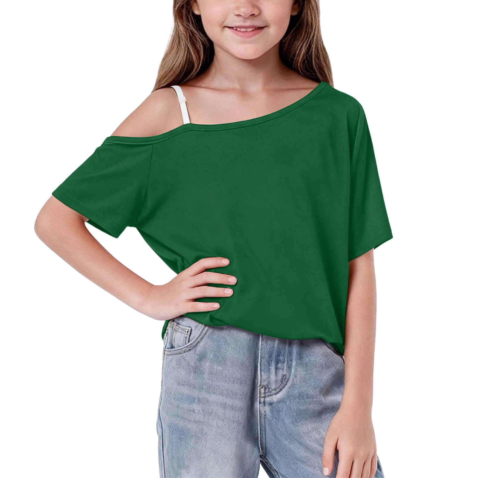 AHTJRT Girls Off the Shoulder Tops Asymmetrical Neck Short Sleeve ...