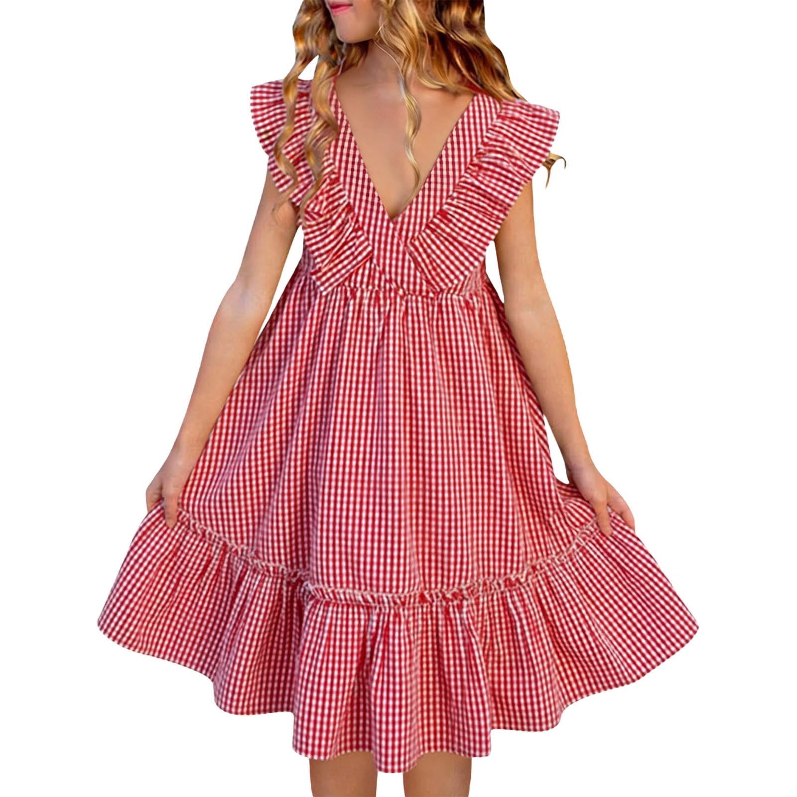 AHTJRT Girls Plaid Dress V Neck Flounce Sleeveless Midi Dresses Cute ...