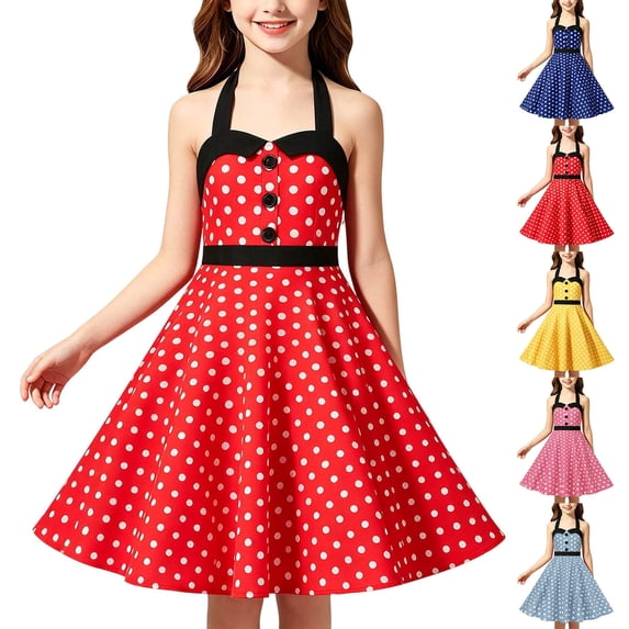AHTJRT Girls Polka Dots Dresses Halter Neck Front Closure Button Down ...
