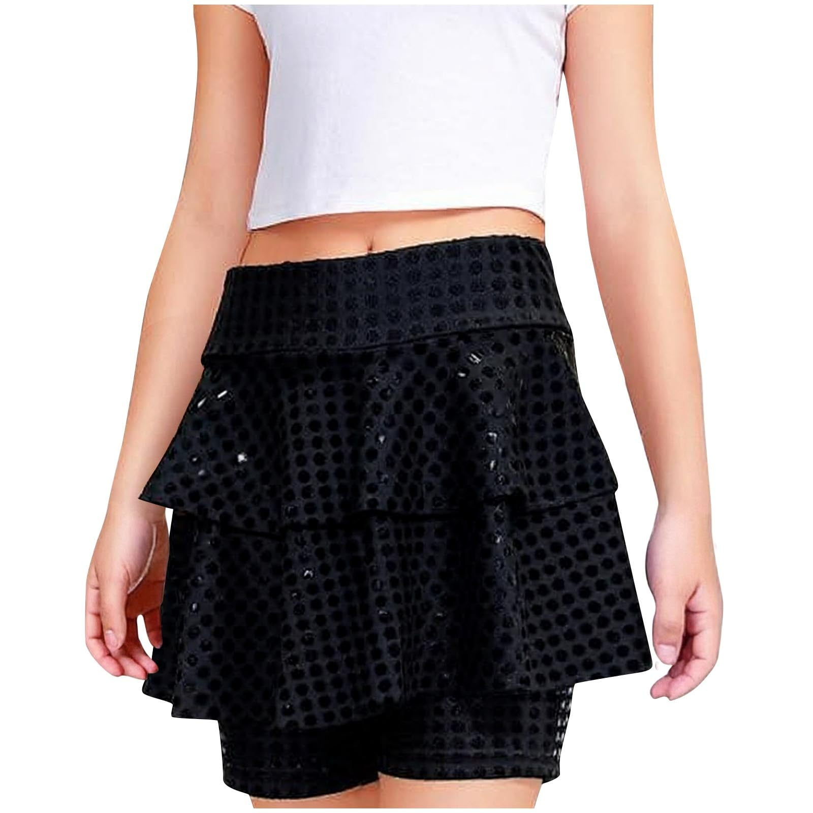 AHTJRT Girls Shiny Metallic Skirts Sparkly Ruffle Layered Mini Skirt ...