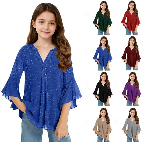 AHTJRT Girls Shirts Shiny Ruffle 3/4 Sleeve Casual Dressy Blouses Sheer ...