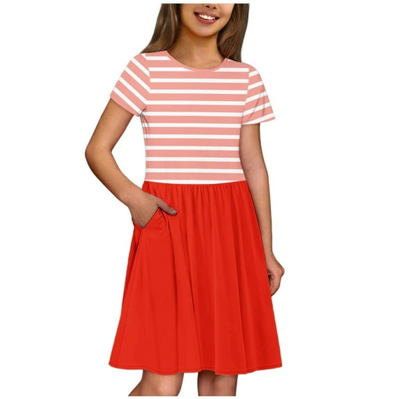 AHTJRT Girls Short Sleeve Dresses Casual Crewneck Striped Color Tshirt ...