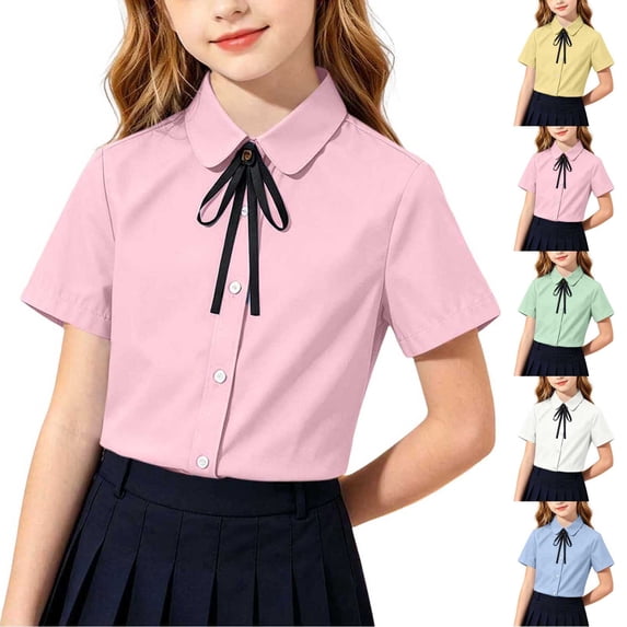 AHTJRT Girls Uniform Shirt Tie Front Lapel Collared Button Down Short ...
