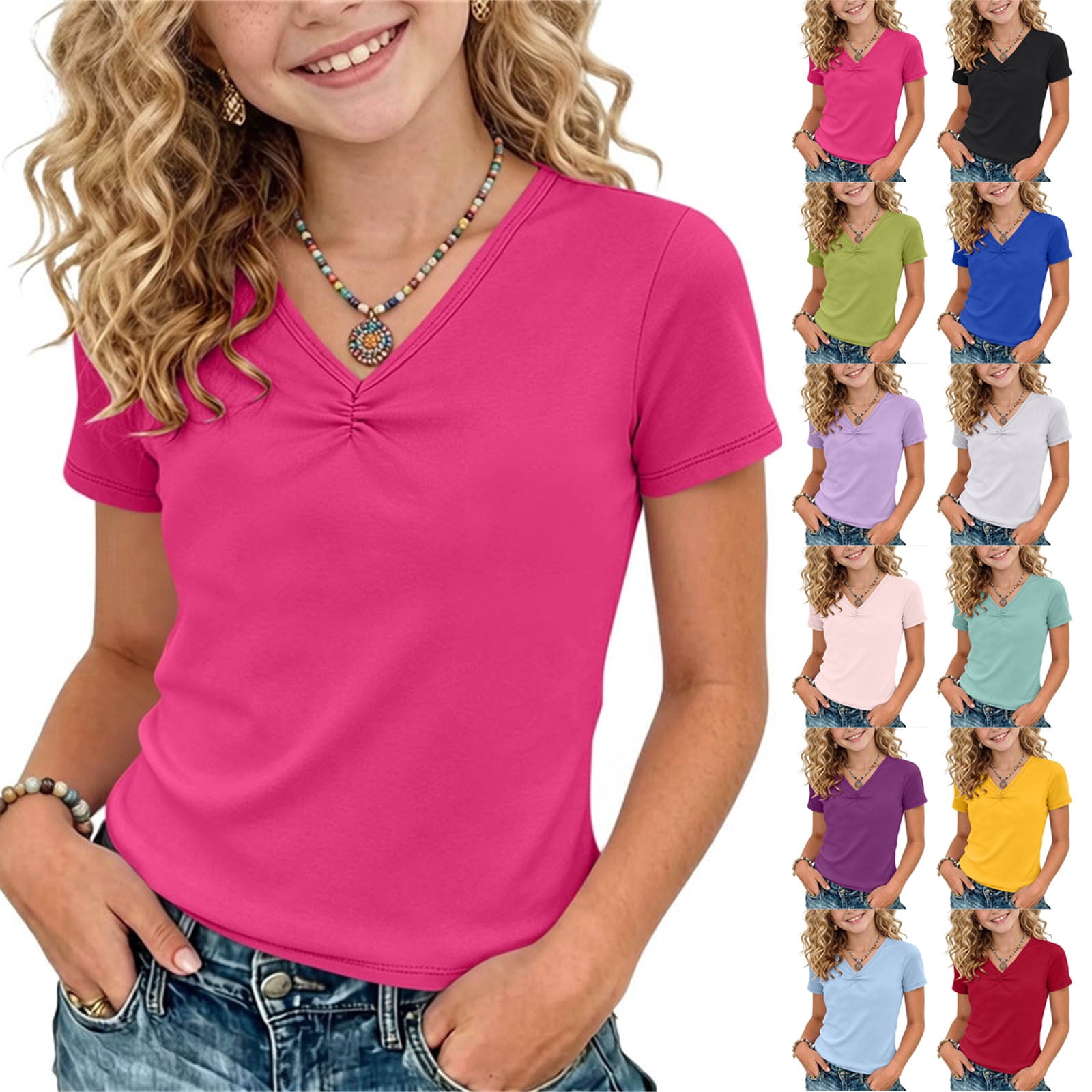 AHTJRT Girls V Neck Cotton T-Shirt Short Sleeve Soft Stretch Mositure ...