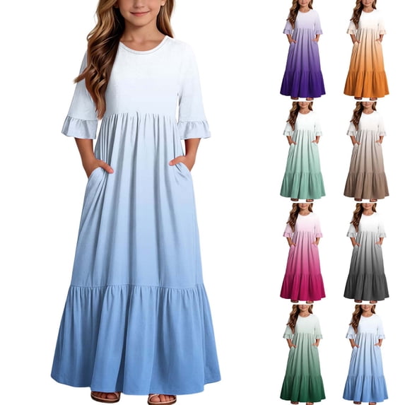 AHTJRT Girls Wrap Maxi Dresses Crew Neck 3/4 Sleeves Boho Ruffle ...