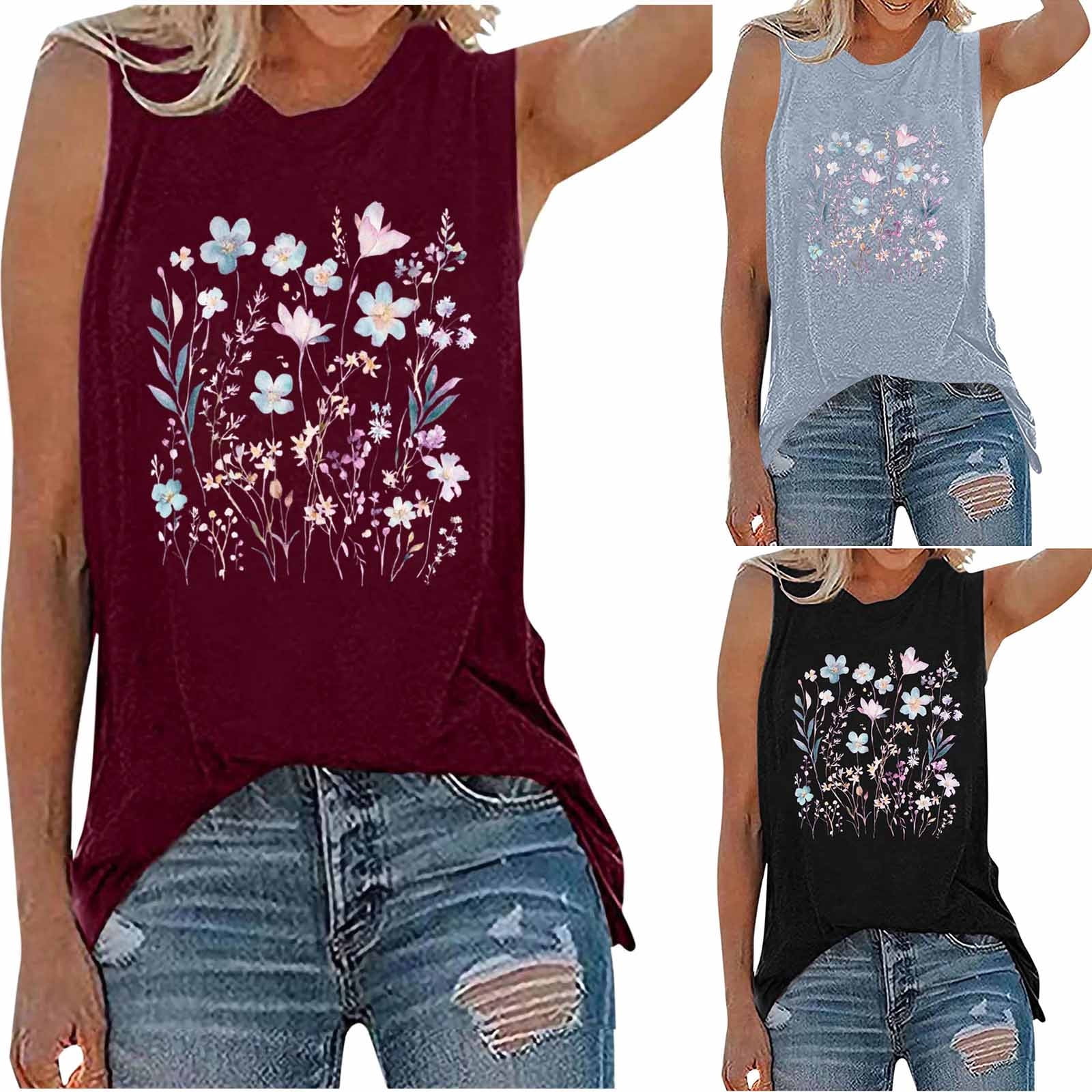 AHTJRT Graphic Tank Tops for Women Crew Neck Fashion Elegant Flower ...