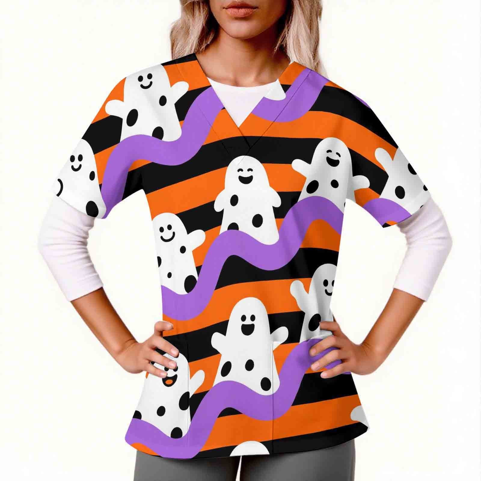 AHTJRT Halloween Scrub Tops Women Loose Funny Ghost/Witch/Hat/Bat ...