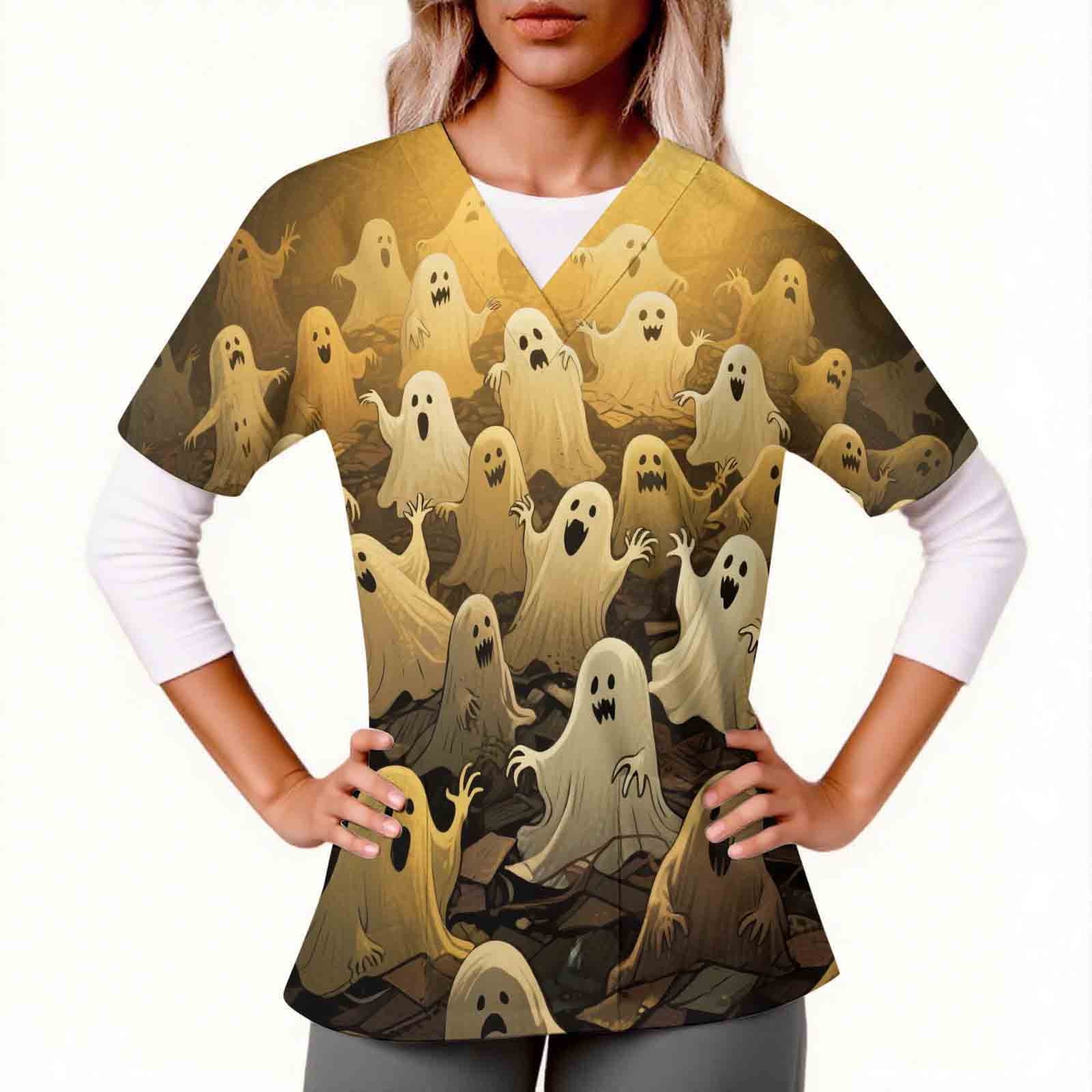AHTJRT Halloween Scrub Tops Women Loose Funny Ghost/Witch/Hat/Bat ...