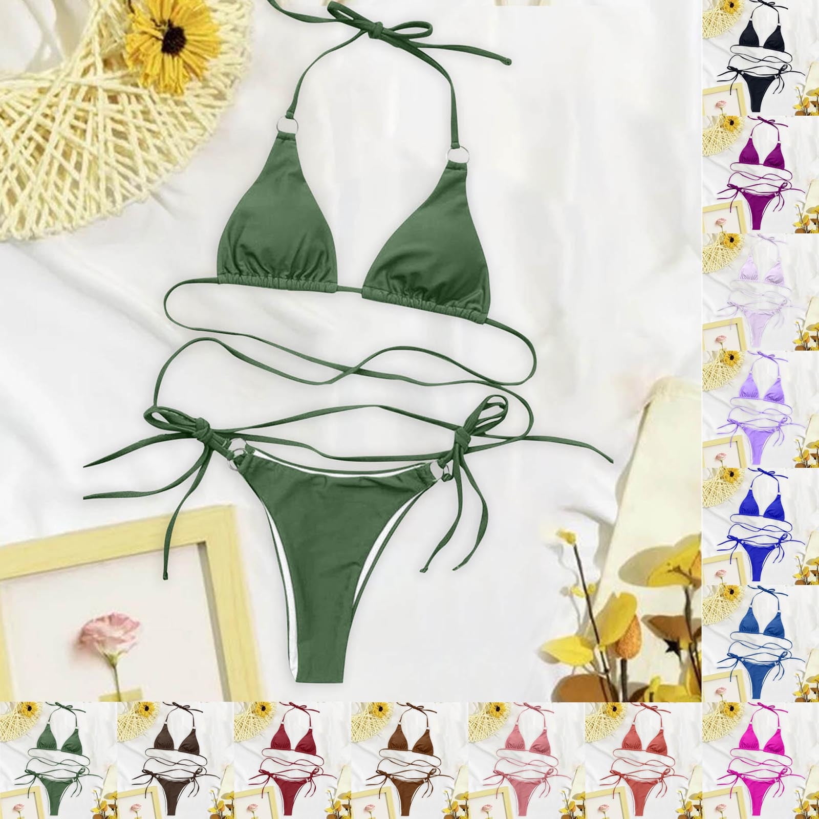 AHTJRT Halter Triangle Bikini Sets for Women Strappy Two Pieces Bathing ...