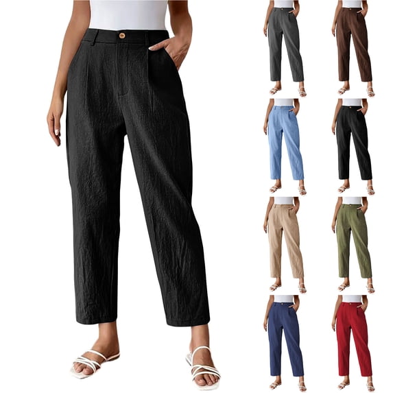 AHTJRT High Waist Cotton Pants for Women Straight Leg Button Front ...