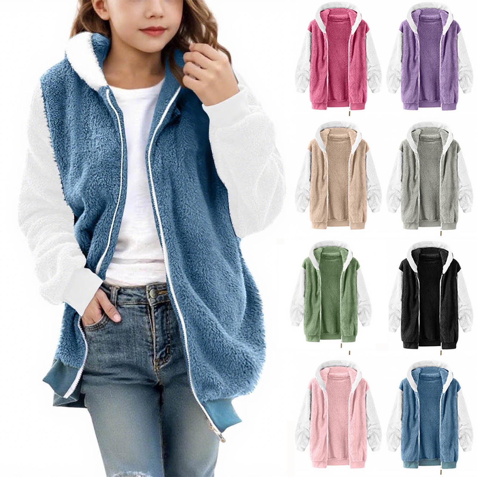 AHTJRT Hooded Jacket for Kids Girls Boys Full Zip Long Sleeve Fuzzy ...