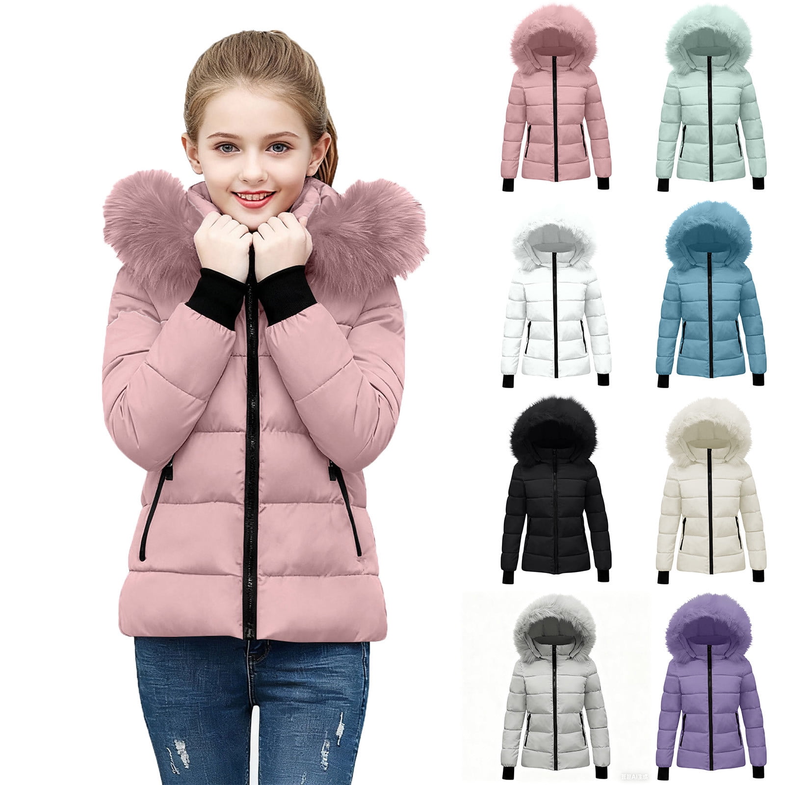 AHTJRT Hooded Puffer Jacket for Girls Full Zip Solid Color Outerwear ...