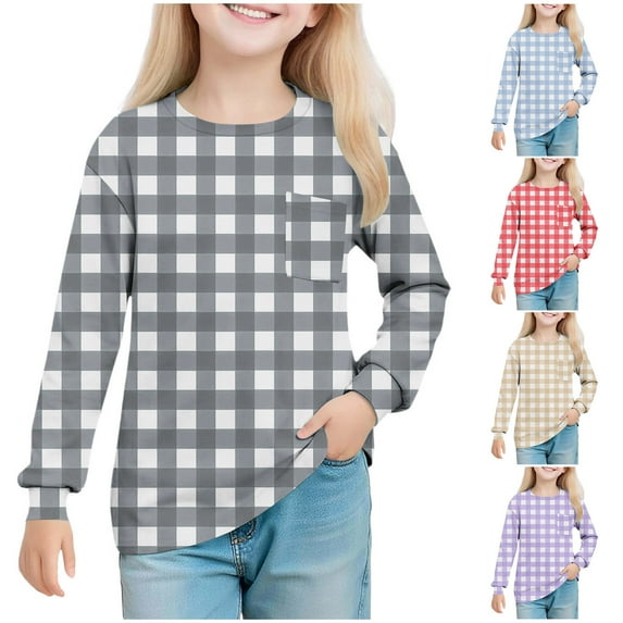 AHTJRT Kids Tshirts Boys Girls Fashion Plaid Crewneck Long Sleeve ...