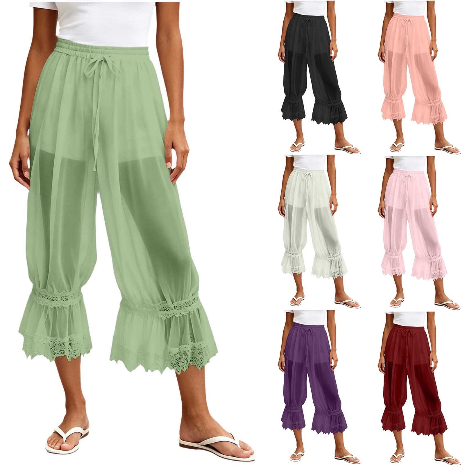 AHTJRT Lace Trim Long Bloomers for Women Elastic Drawstring Waist ...